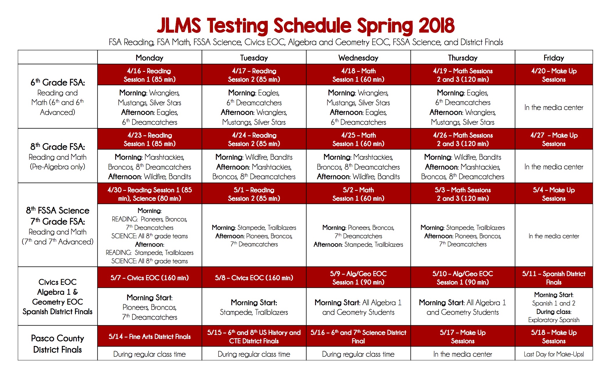JLMS Testing Calendar Spring 2018 | Dr. John Long Middle School